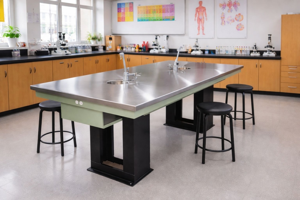 Mesa Central de Laboratorio Cubierta Acero – Muebles Escolares y Metálicos